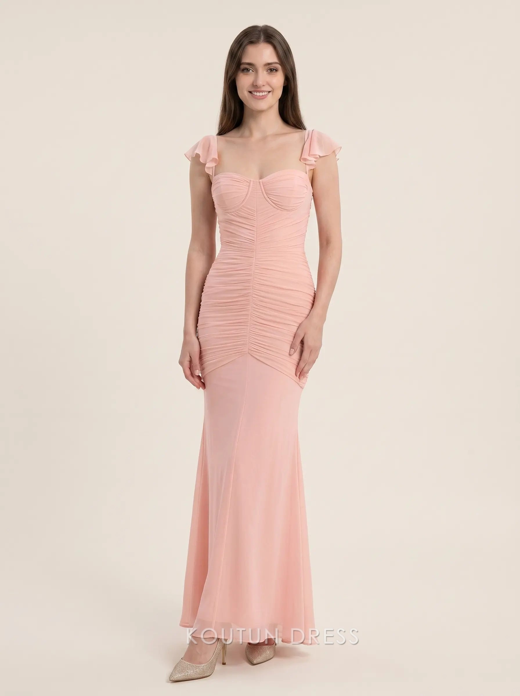 Blush Pink Sweetheart Neck Ruffled Cap Sleeve Ruched Mesh Bodice Merma ...