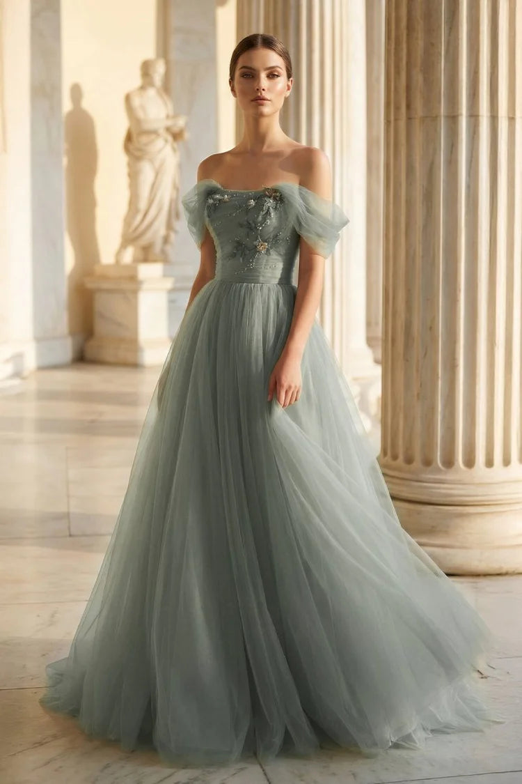 Dusty Sage Off Shoulder 3D Floral Tulle Ball Gown Prom Dresses – Koutun ...